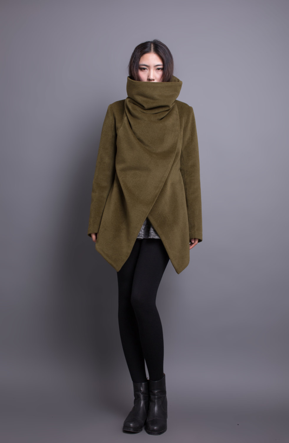 Army Green High Collar Irregular Wool Jacket on Luulla
